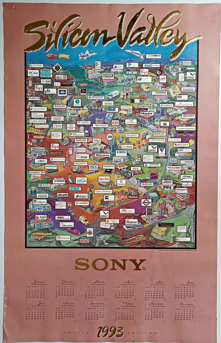 1992 SONY Silicon Valley Pictorial Map Calendar Technology Tech Poster ...