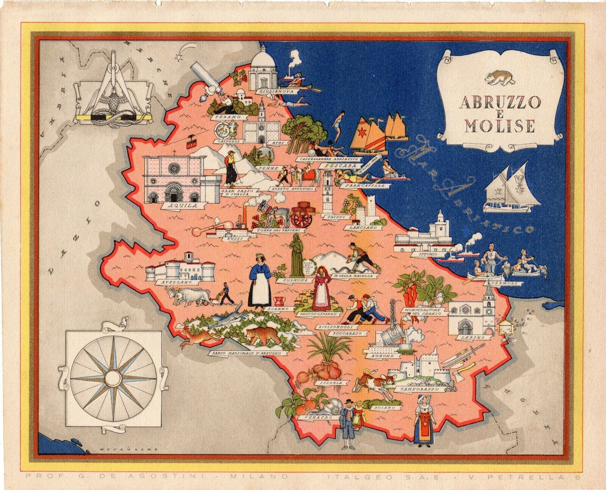 c.1941 Abruzzo e Molise, Abruzzi, Italia, Italy Pictorial Map by Prof ...