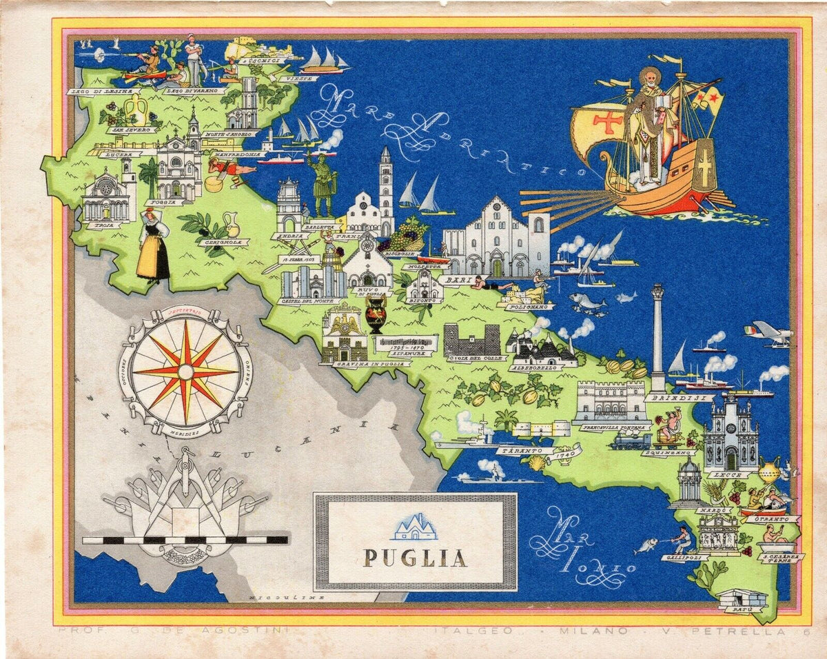 c.1941 Puglia, Apulia Italy Pictorial Map De Agostini Nicouline Vsevol ...