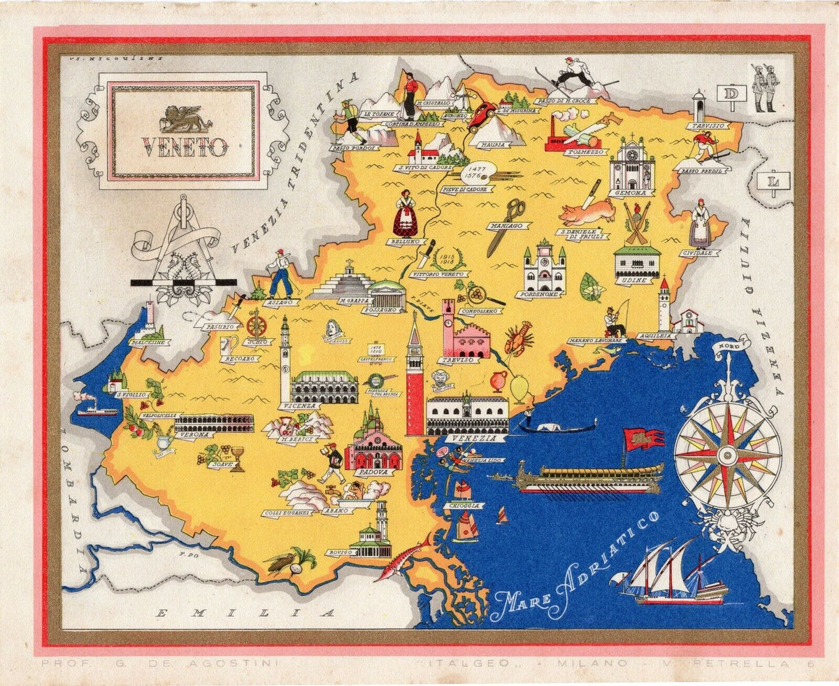 c.1941 Veneto Venetia Italy Pictorial Map De Agostini Nicouline Vsevol ...