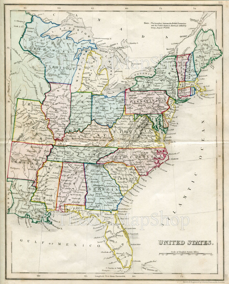 c.1840 United States, America, Antique Map, Print by John Dower, Hand ...