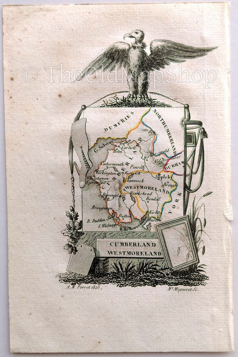 1823 Scarce A. M. Perrot Antique County Map, Cumberland, Westmoreland ...