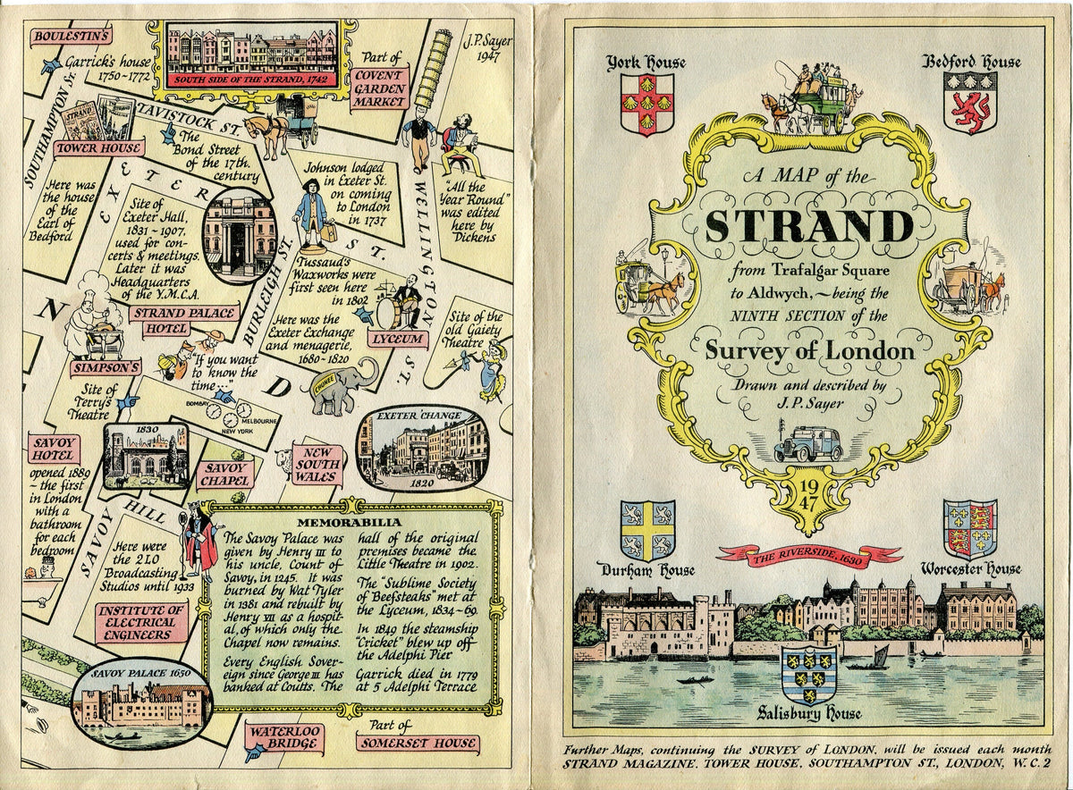 1947 A Map of the Strand, Trafalgar Square to Aldwych, London. A Picto ...