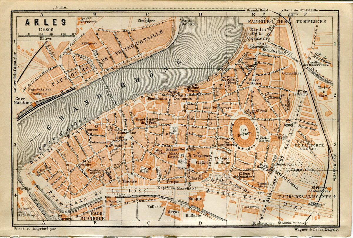 1914 Arles, South of France Town Plan, Antique Baedeker Map, Print ...