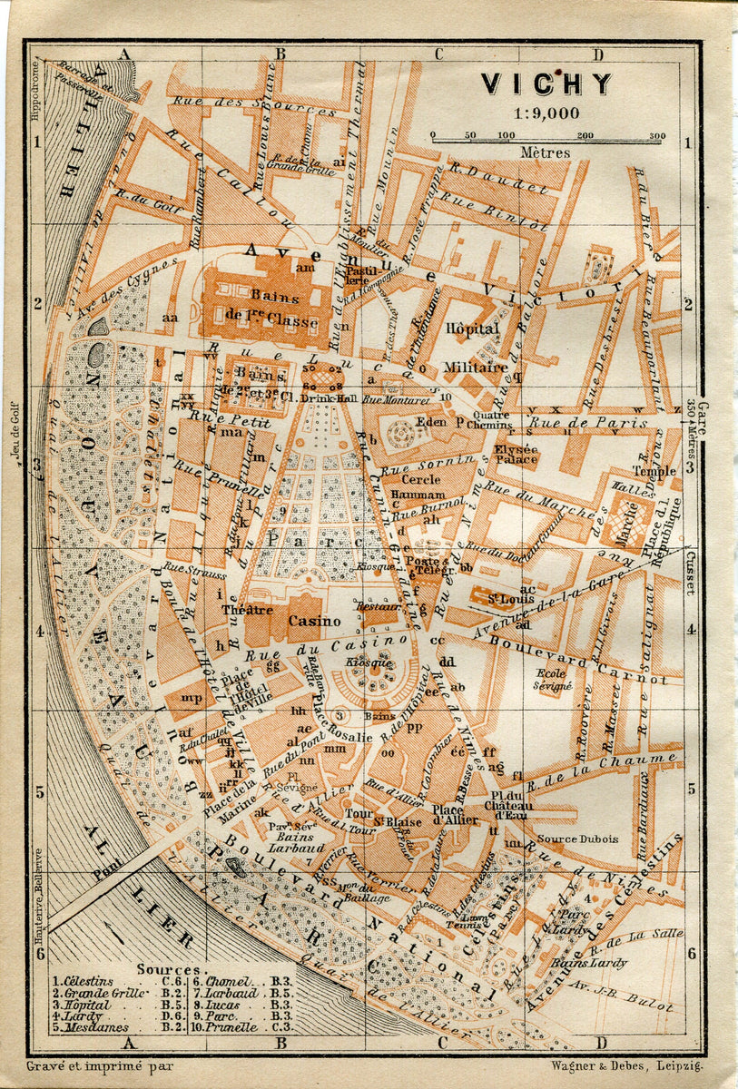 1914 Vichy, South of France Town Plan, Antique Baedeker Map, Print ...