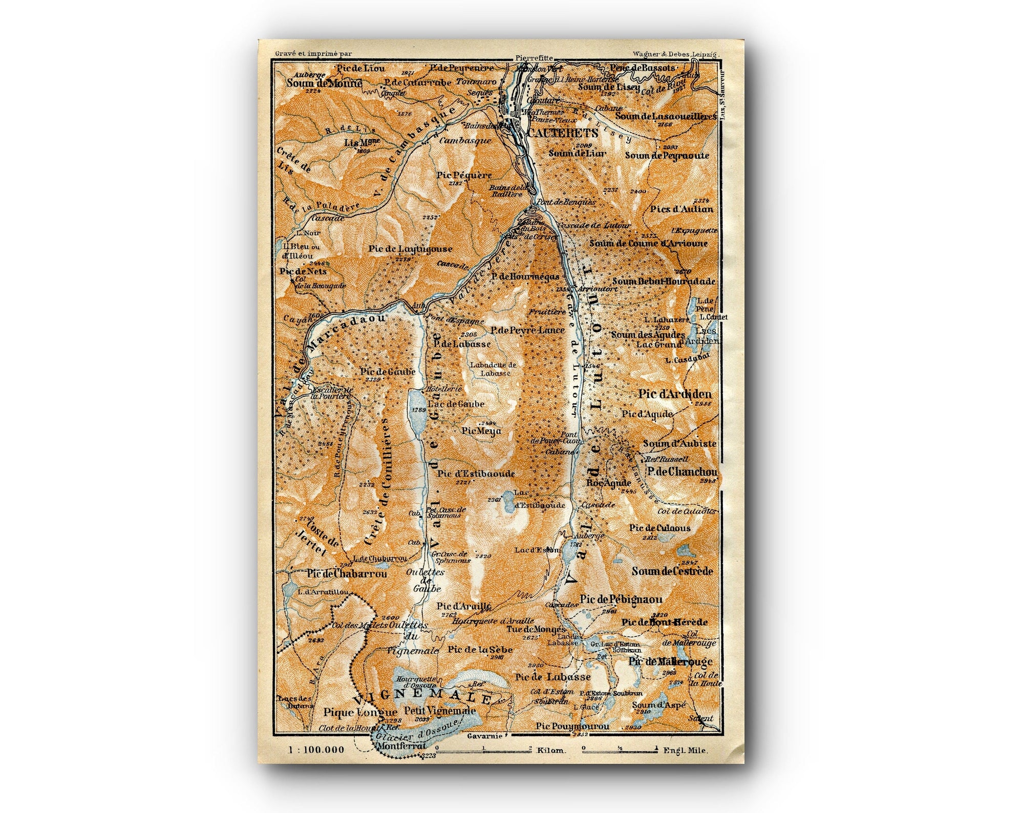 1914 Vignemale, Cauterets, South of France, Antique Baedeker Map, Prin ...