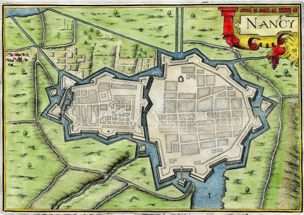 1634 Nicolas Tassin Map Nancy, Fortifications, Meurthe et Moselle, Lor ...